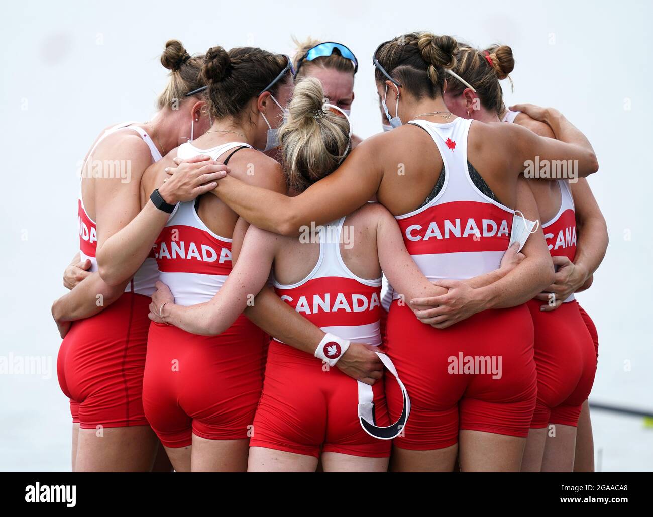 The Canada team celebrate after winning the Women's Eight Rowing at Sea ...