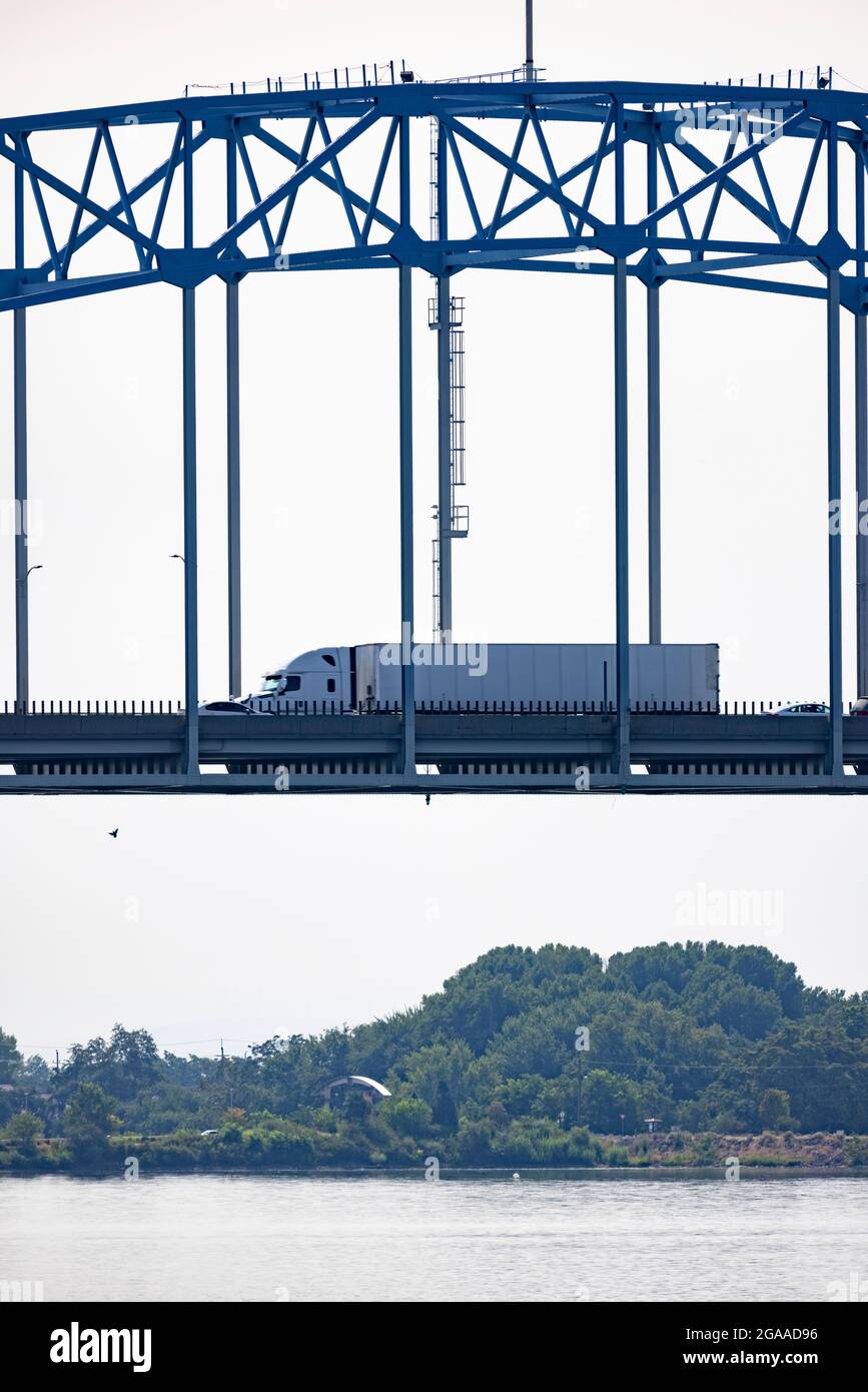 large truck crossing the Blue Bridge, Tri-Cities, Washington State, USA ...