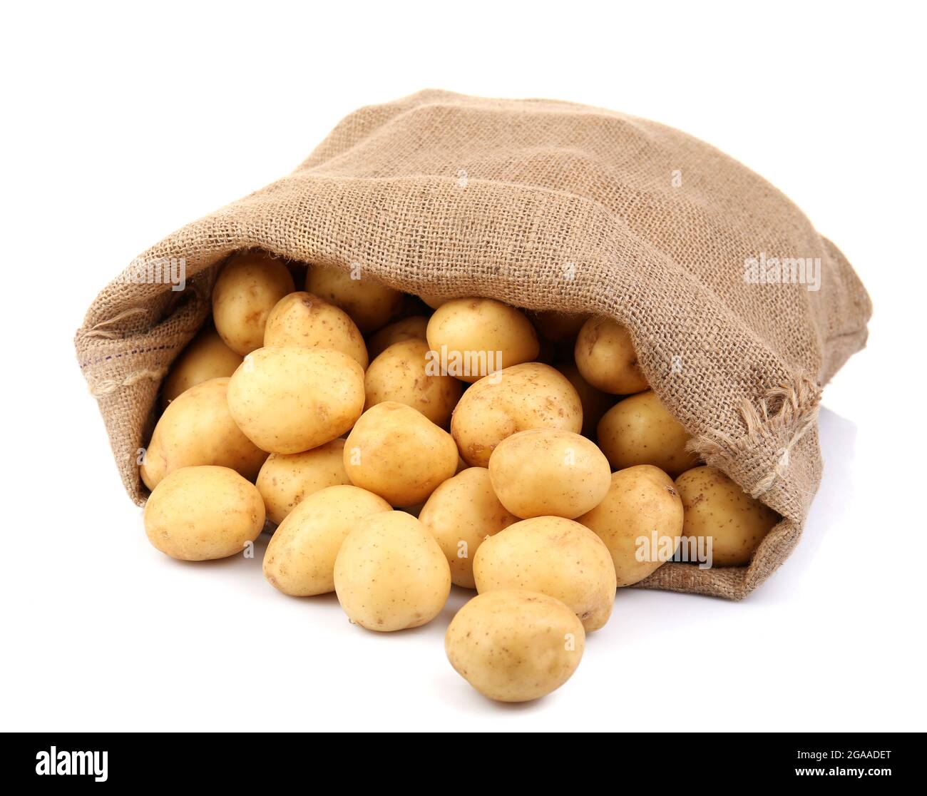 New potatoes in sackcloth bag isolated on white Stock Photo - Alamy