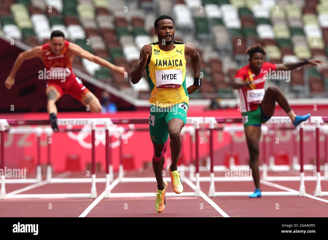 Tokyo, Japan. 30th July, 2021. Jaheel Hyde of Jamaica (C) competes ...