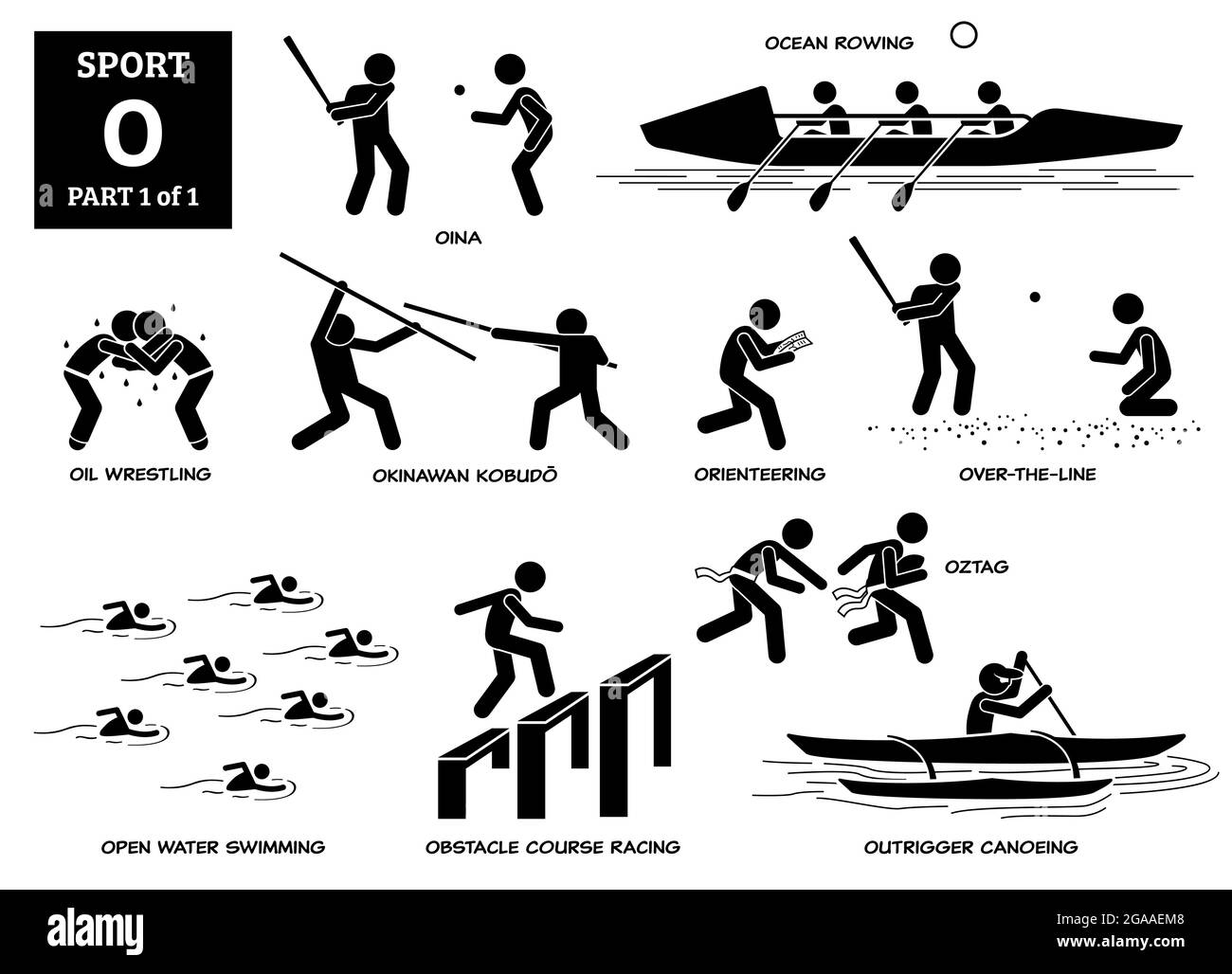Sport games alphabet O vector icons pictogram. Oina, ocean rowing, oil ...