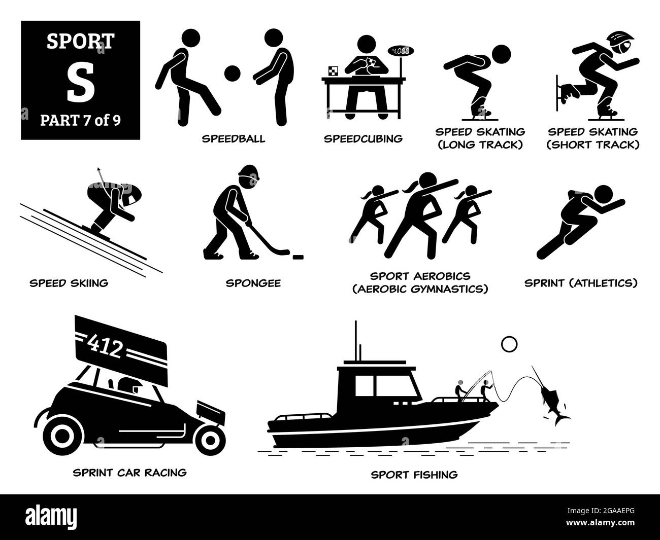Sport games alphabet S vector icons pictogram. Speedball, speedcubing ...