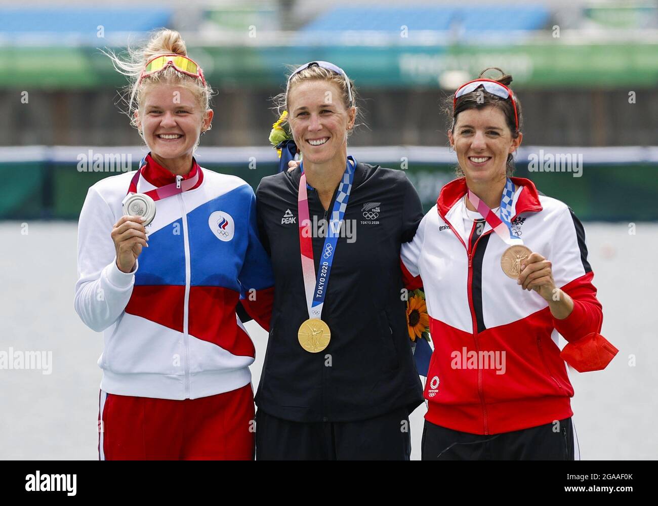 Tokyo, Japan. July 30 2021: Emma Twigg (C) of New Zealand poses with ...