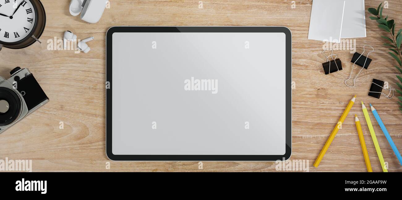 Flat lay, Study table concept, tablet mockup with camera, clock ...