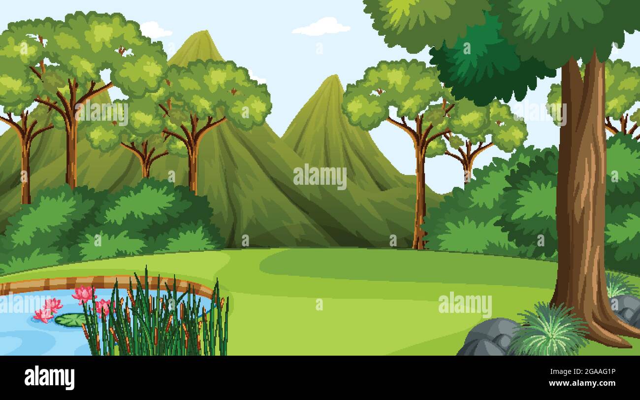 Forest at daytime scene with various forest trees illustration Stock ...