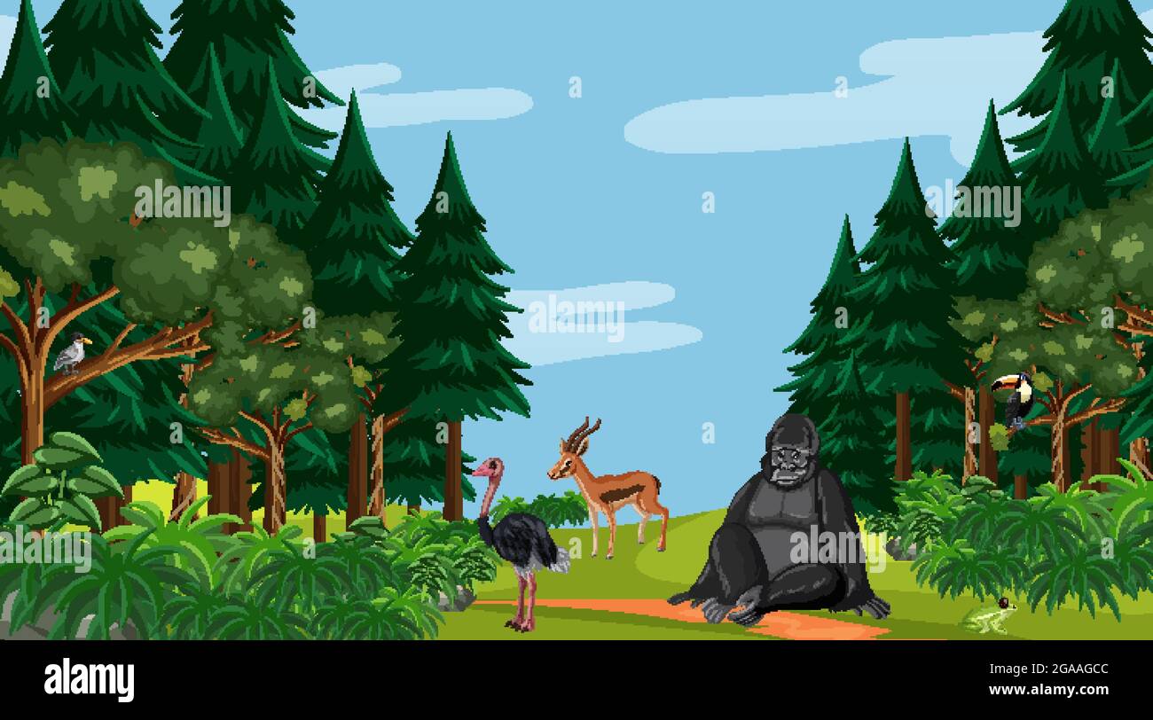 Forest at daytime scene with different wild animals illustration Stock ...
