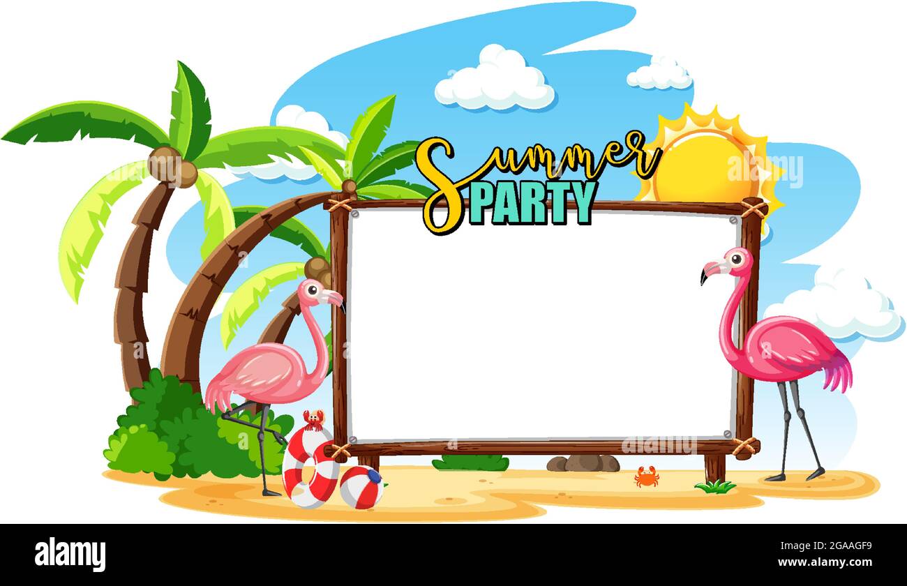 Empty banner board with flamingo on the beach isolated illustration ...
