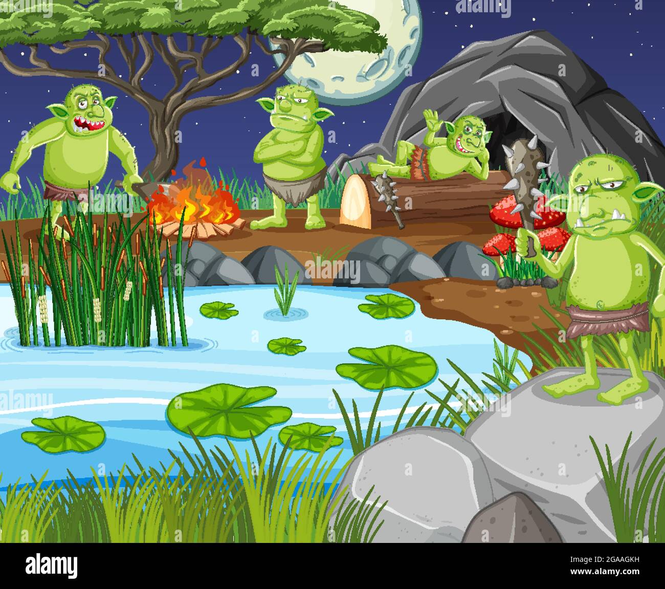 Night scene with goblin or troll cartoon character illustration Stock ...