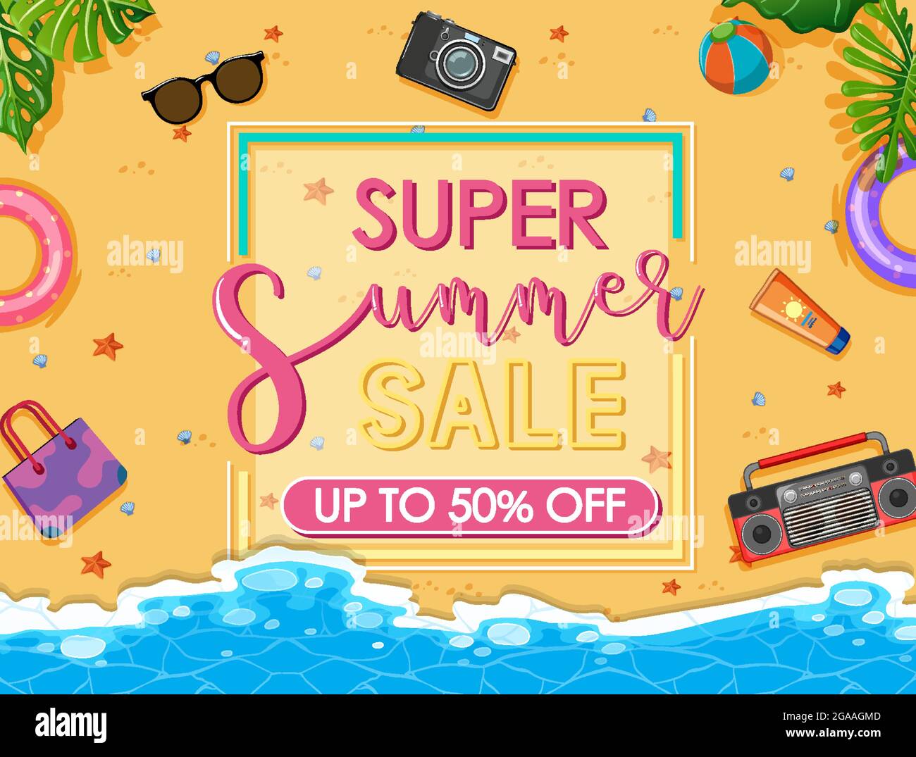 Super Summer Sale text banner with beach items illustration Stock ...