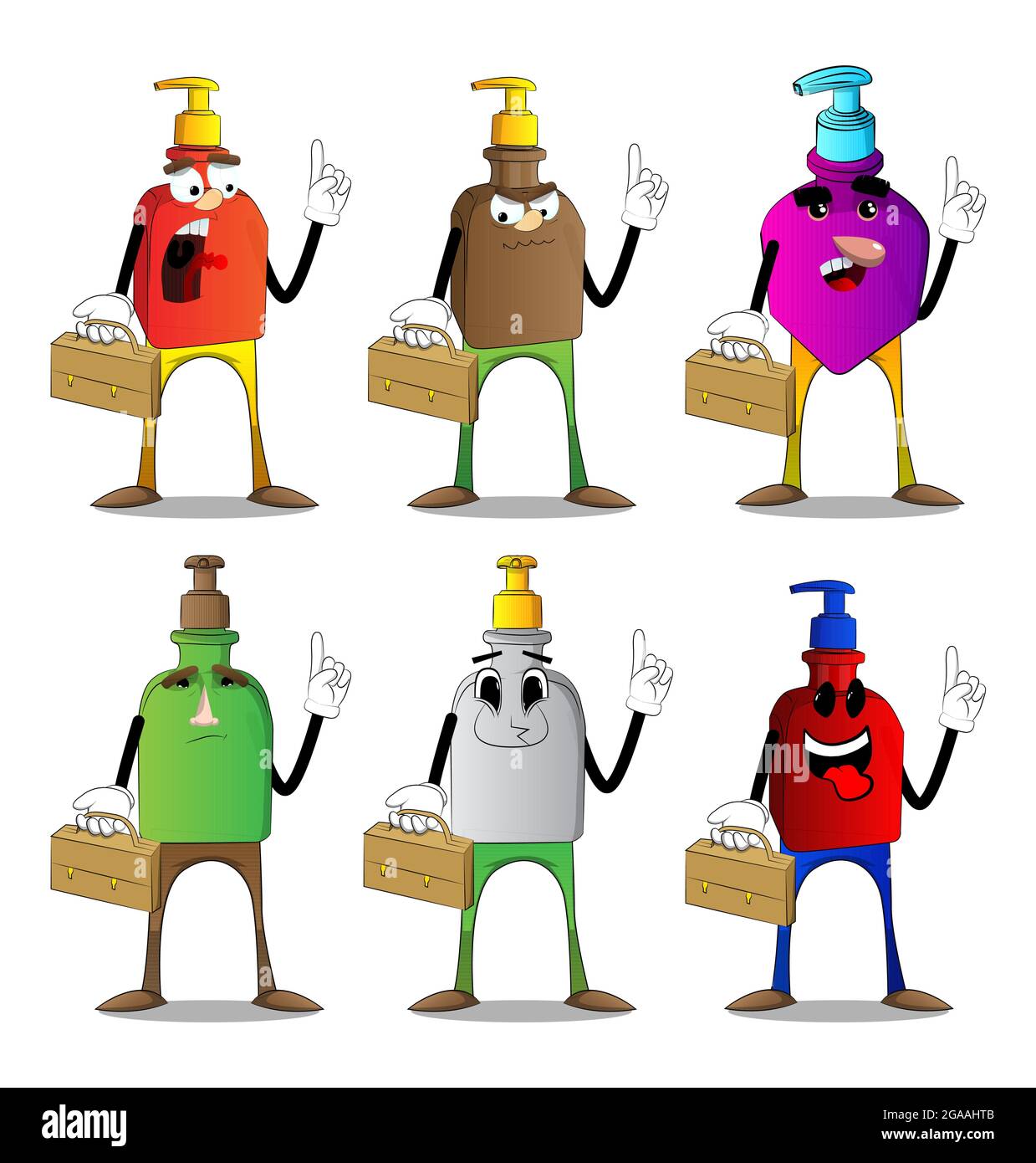 Cartoon bottle of hand sanitizer gel for hygiene with face holding ...