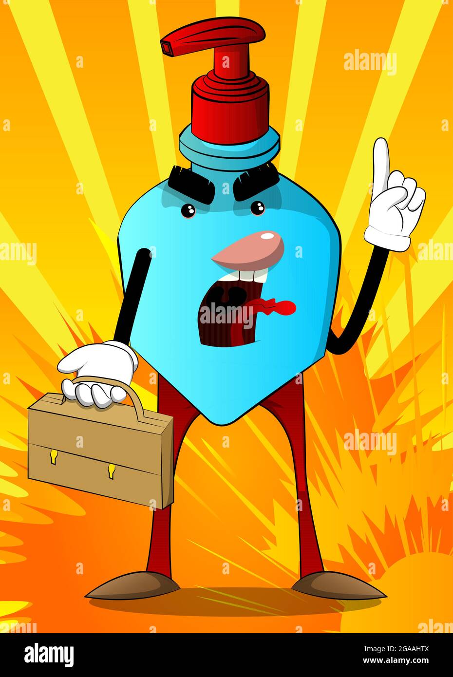 Cartoon bottle of hand sanitizer gel for hygiene with face holding ...