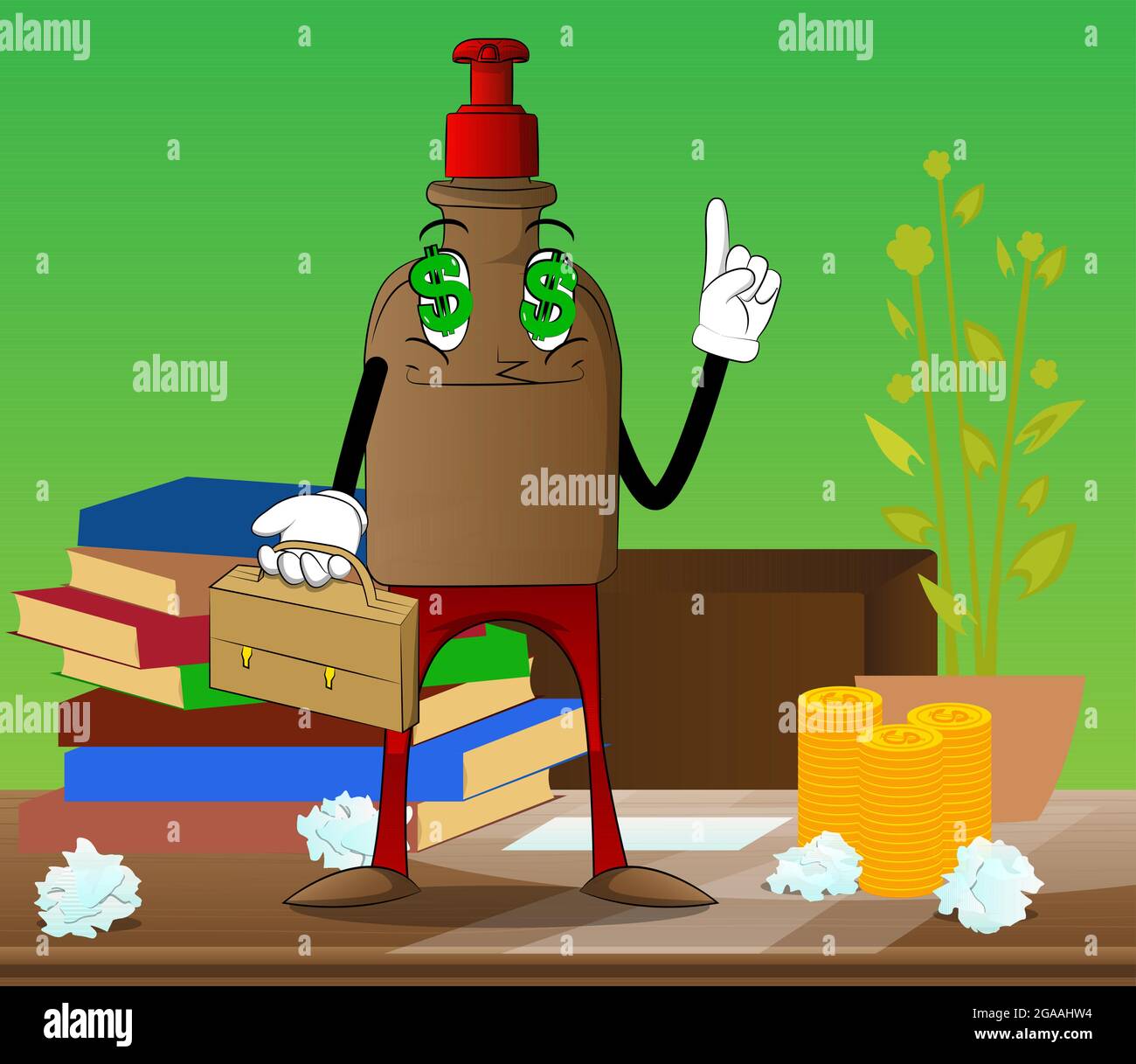 Cartoon bottle of hand sanitizer gel for hygiene with face holding ...