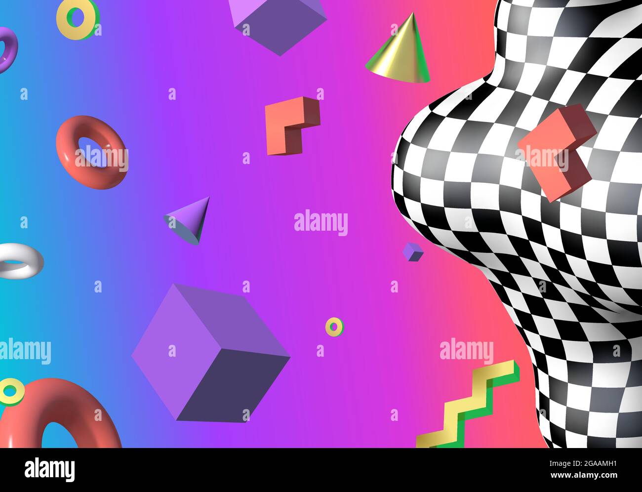 Abstract background with flying colorful 3D geometric shapes over ...