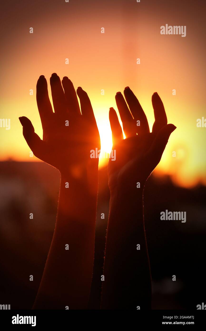 Female hands on sunset background Stock Photo - Alamy