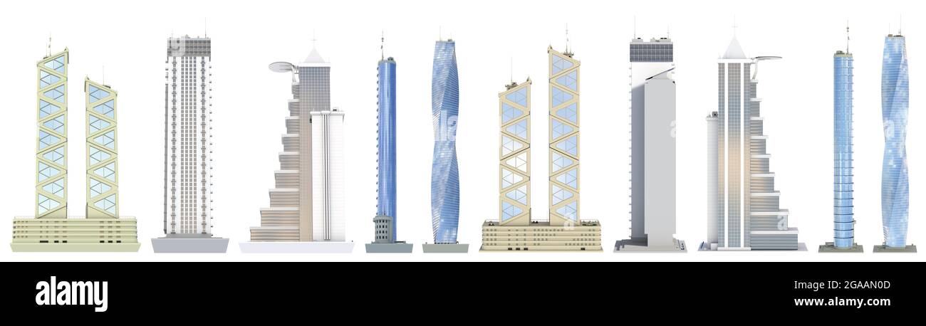 Set of high detailed futuristic skyscrapers with fictional design and ...