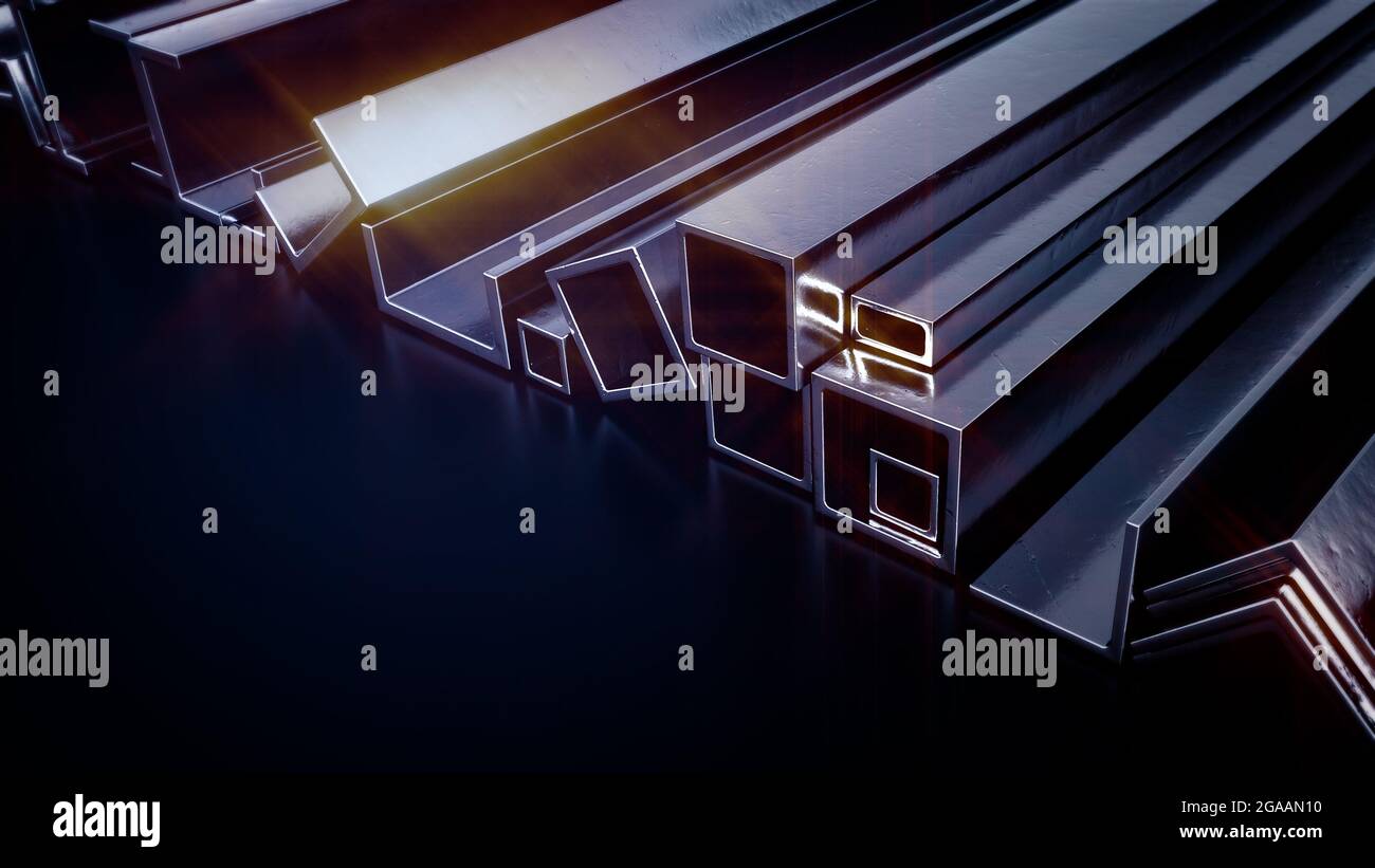 glowing metal profile and iron rod - digital industrial 3D rendering ...