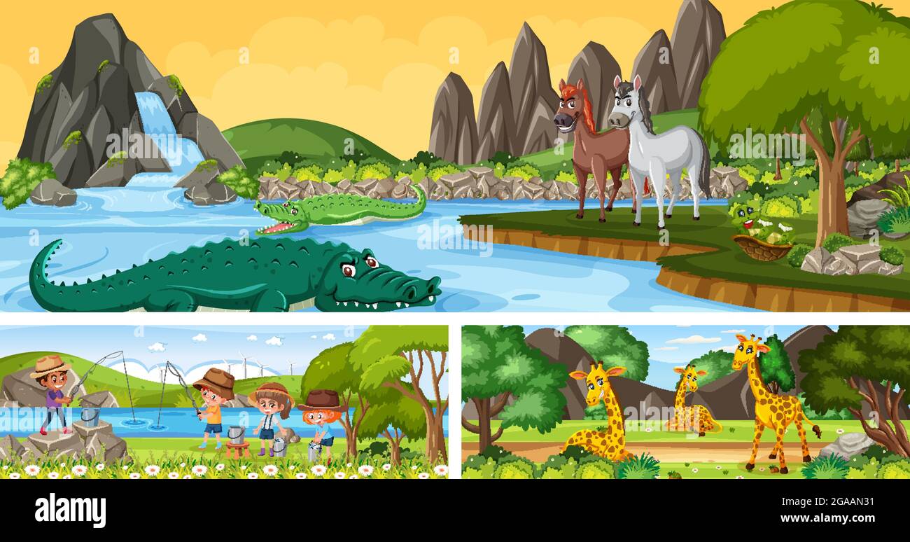 Set of outdoor panoramic landscape with cartoon character illustration ...