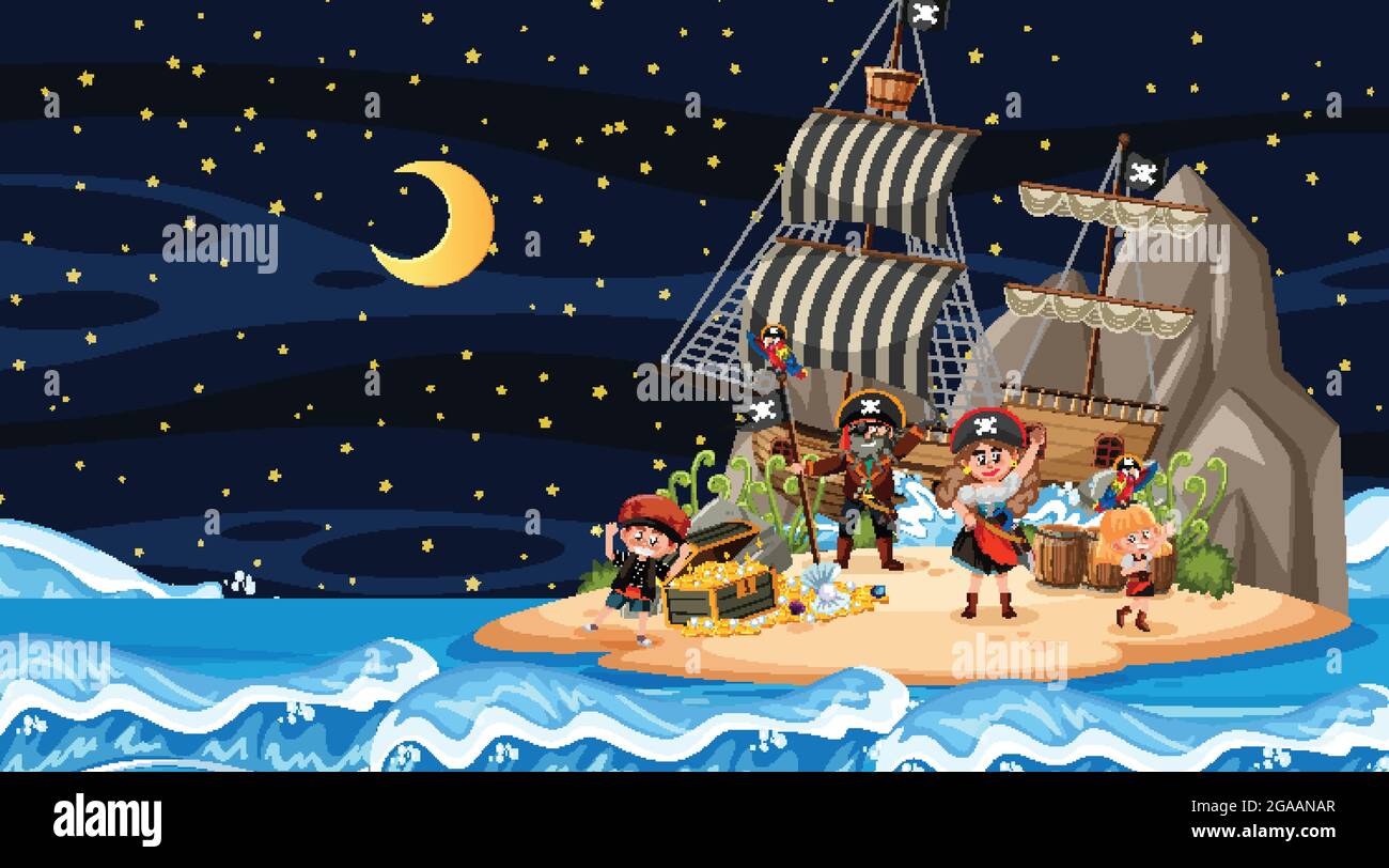 Treasure Island scene at night with Pirate kids illustration Stock ...