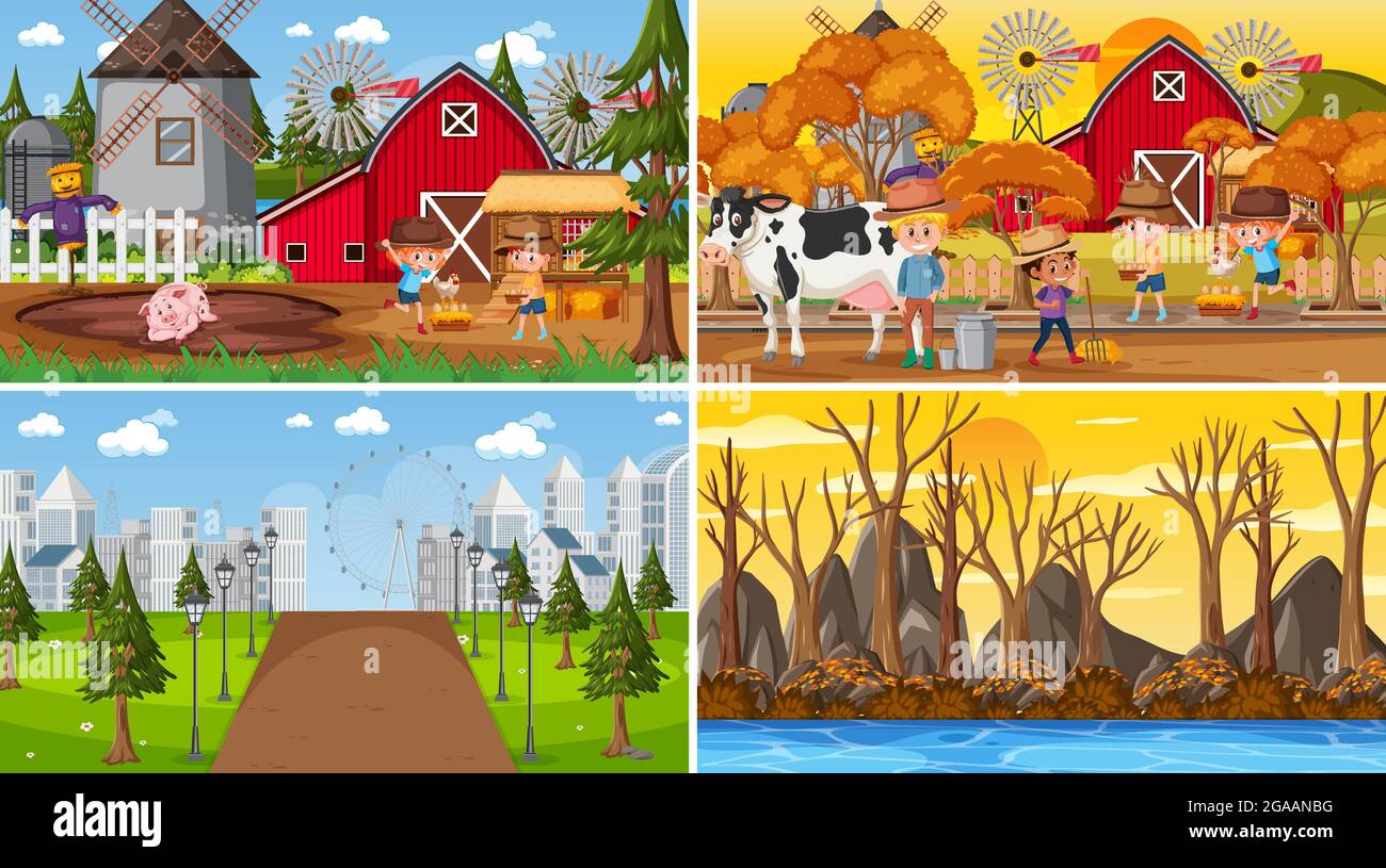 Set of different nature scenes background in cartoon style illustration ...