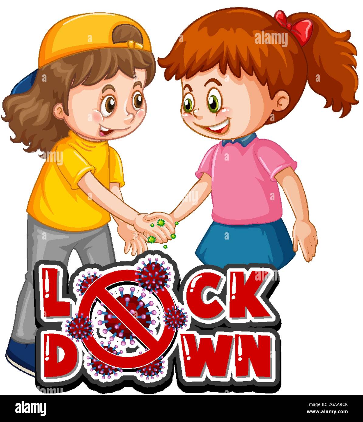 Lock Down font in cartoon style with two kids do not keep social ...