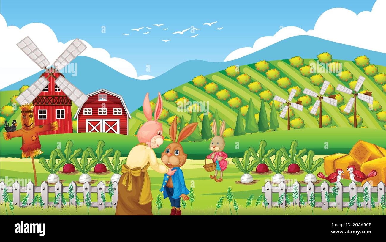 Farm scene at daytime with rabbit family illustration Stock Vector ...