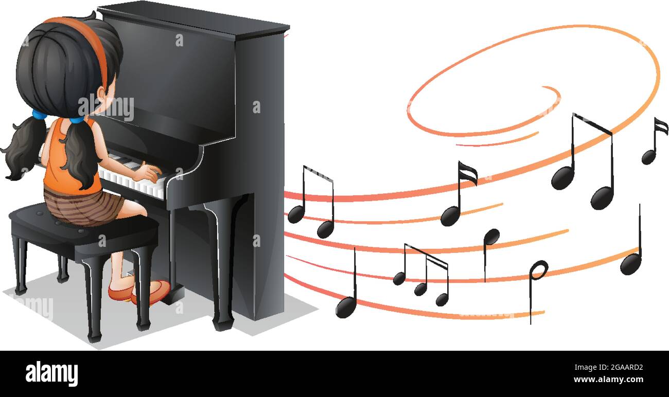 Musical melody symbols with a girl playing piano isolated illustration ...