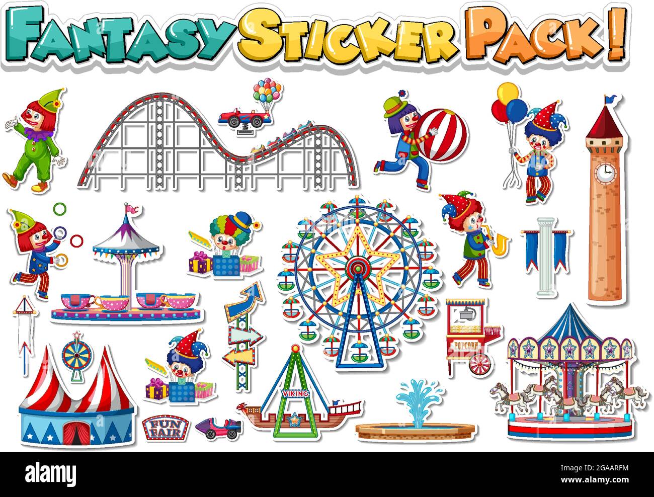 Sticker set with amusement park and funfair objects illustration Stock ...