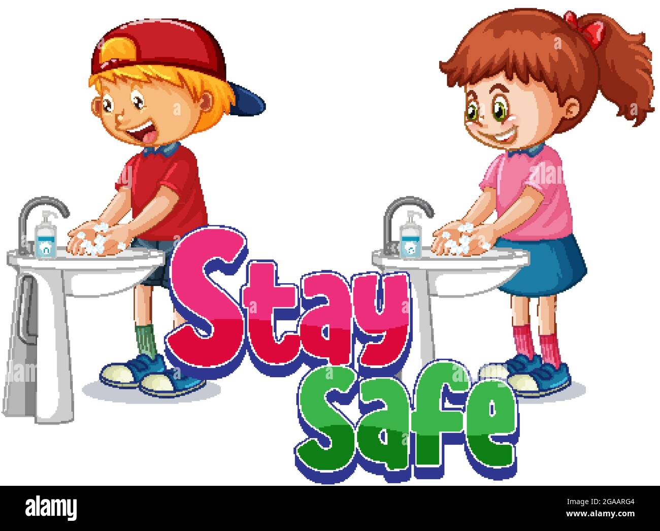 Stay Safe logo with two kids washing hands with soap isolated ...