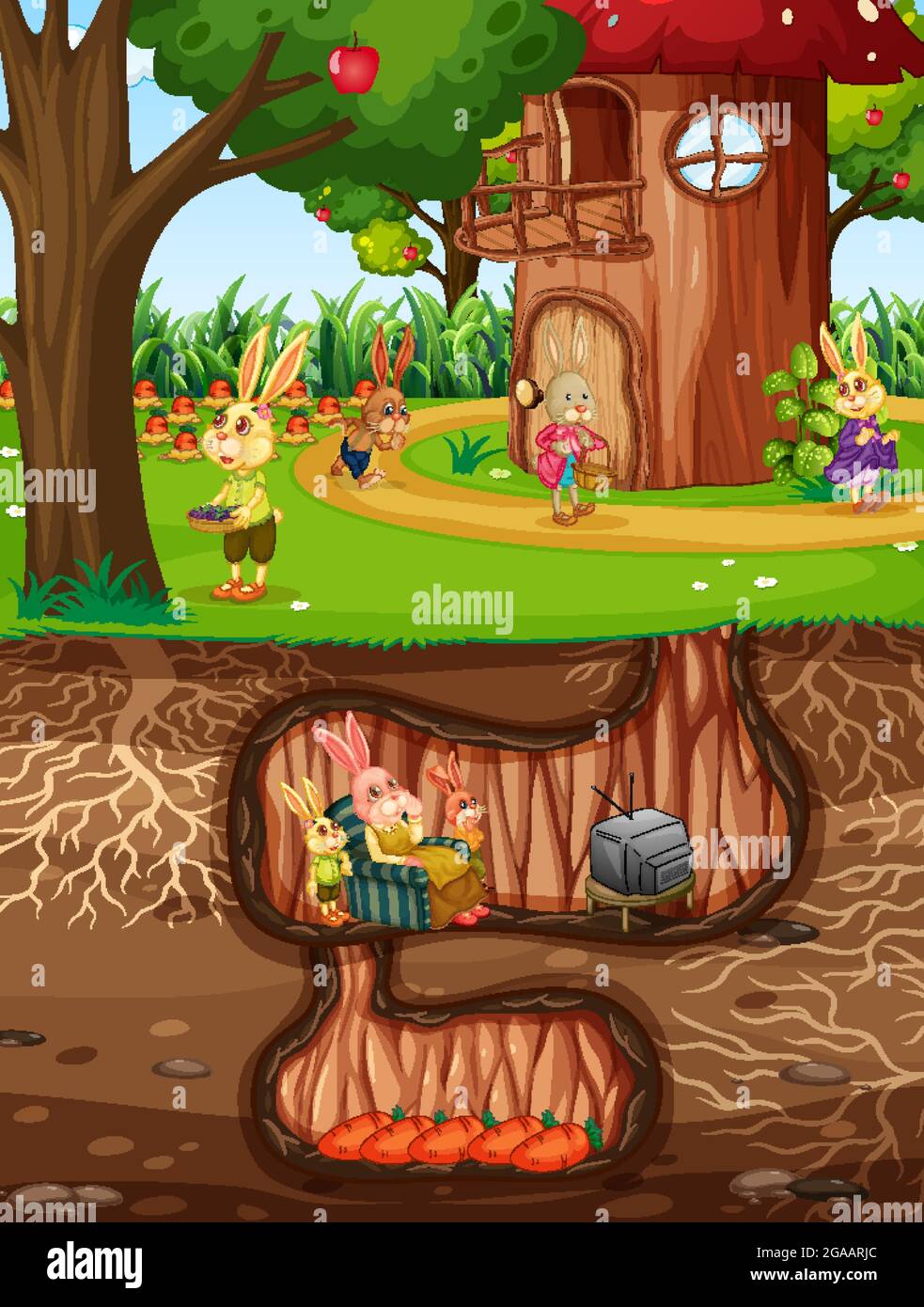 Underground rabbit hole with ground surface of the garden scene ...