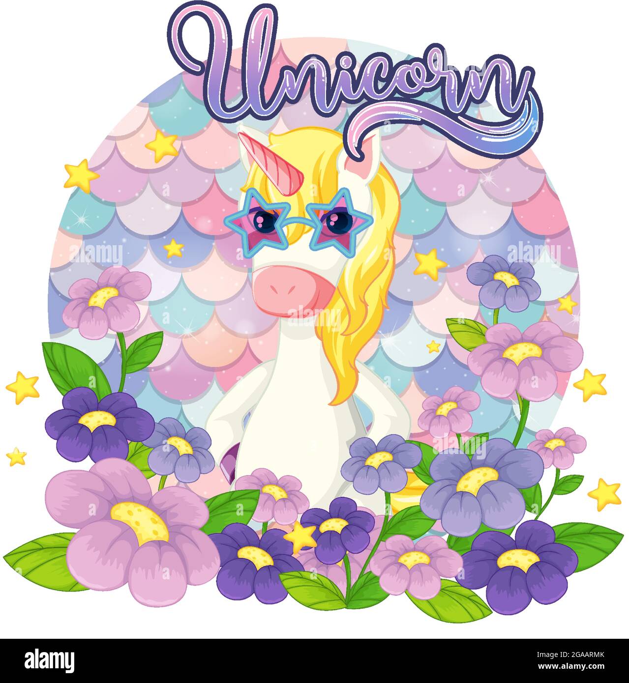 Unicorn cartoon character on pastel scales background isolated ...