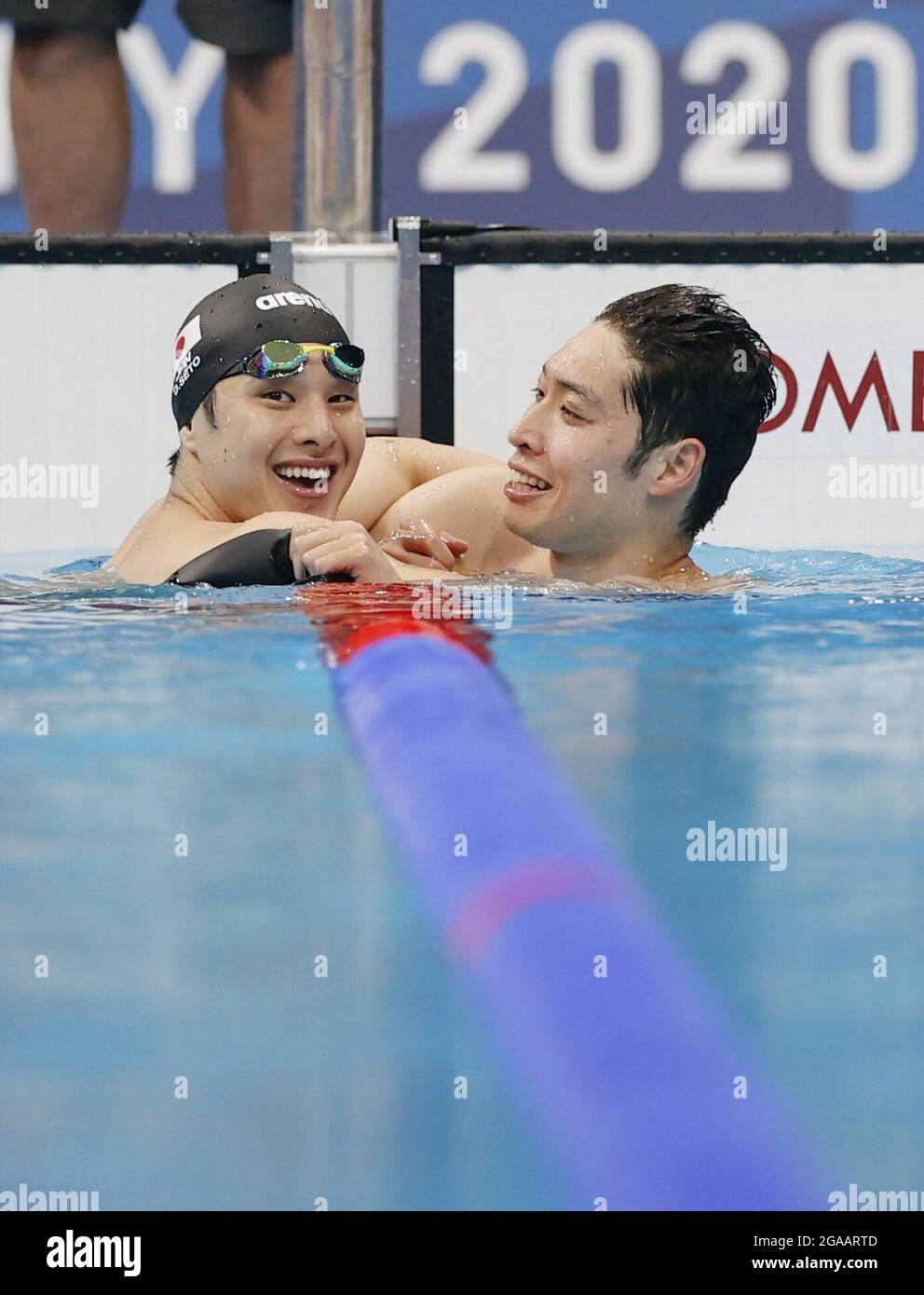 Tokyo, Japan. July 30 2021: Japan's Daiya Seto (L) and Kosuke Hagino are pictured after swimming ...
