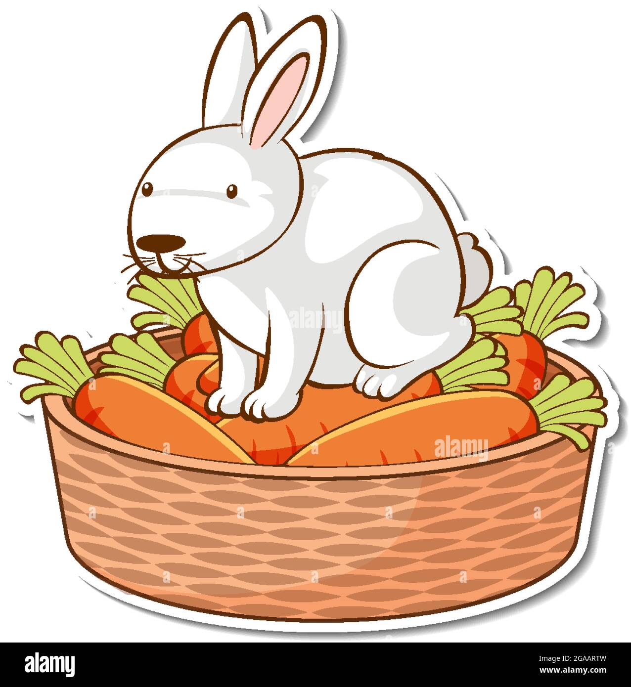 A white rabbit sitting on vegetable basket sticker illustration Stock ...