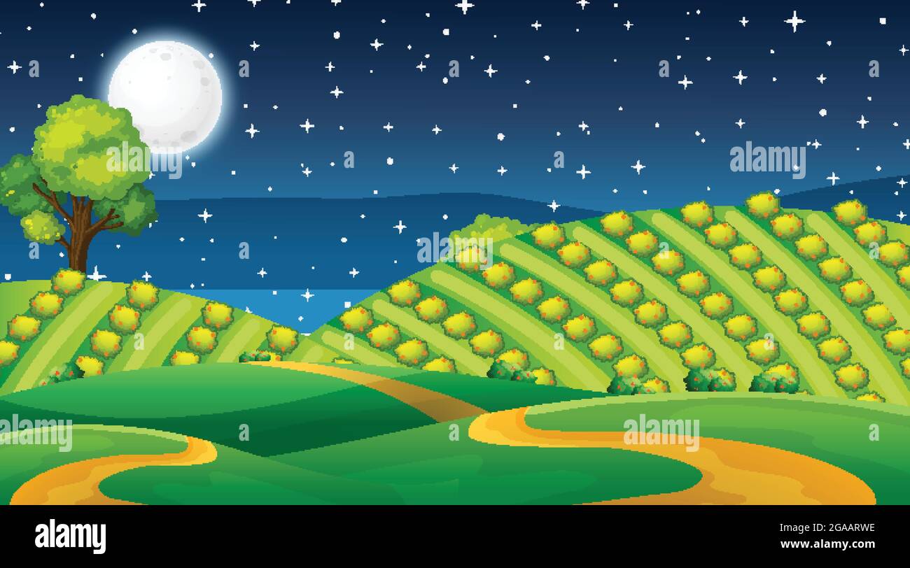 Blank meadow landscape scene at night time illustration Stock Vector ...
