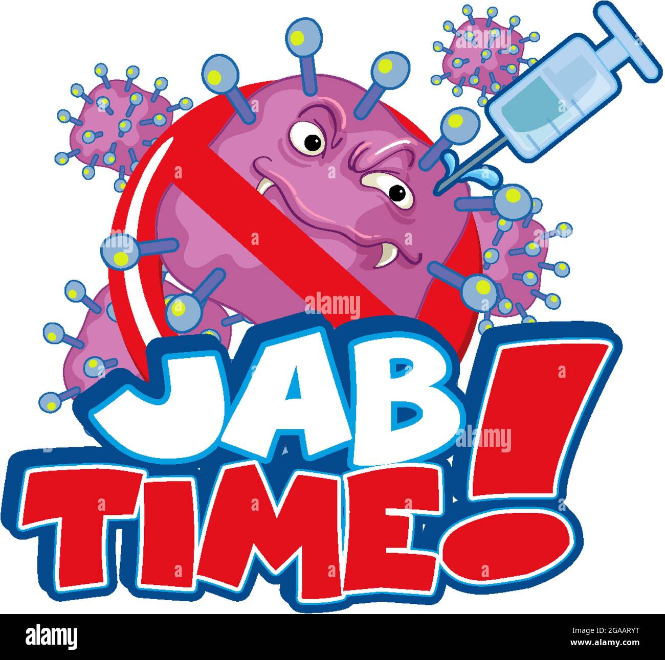 Jab time font design with coronavirus character icon on white ...