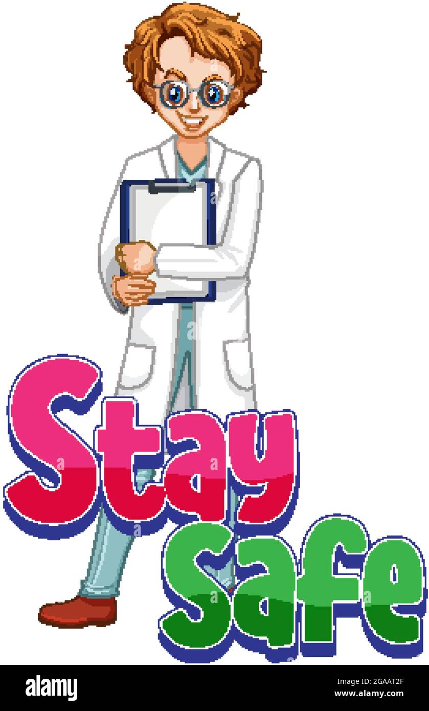 Stay Safe logo with a doctor man cartoon character isolated ...