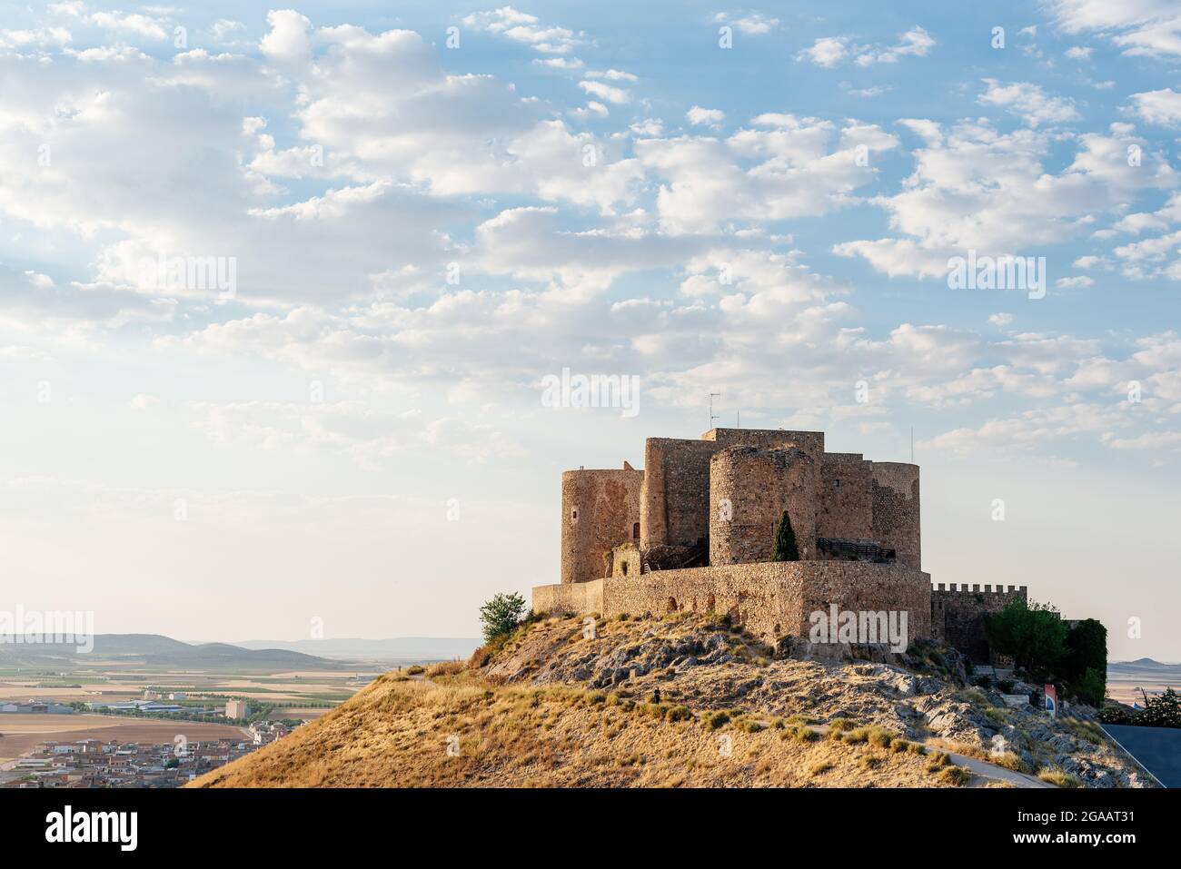 Romanesque castle on a hill in Consuegra in Toledo, Spain Stock Photo ...