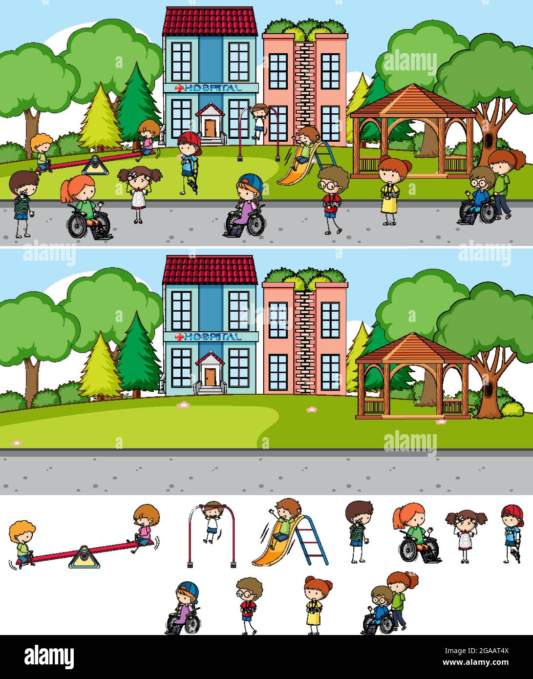 Set of different horizontal scenes background with doodle kids cartoon ...