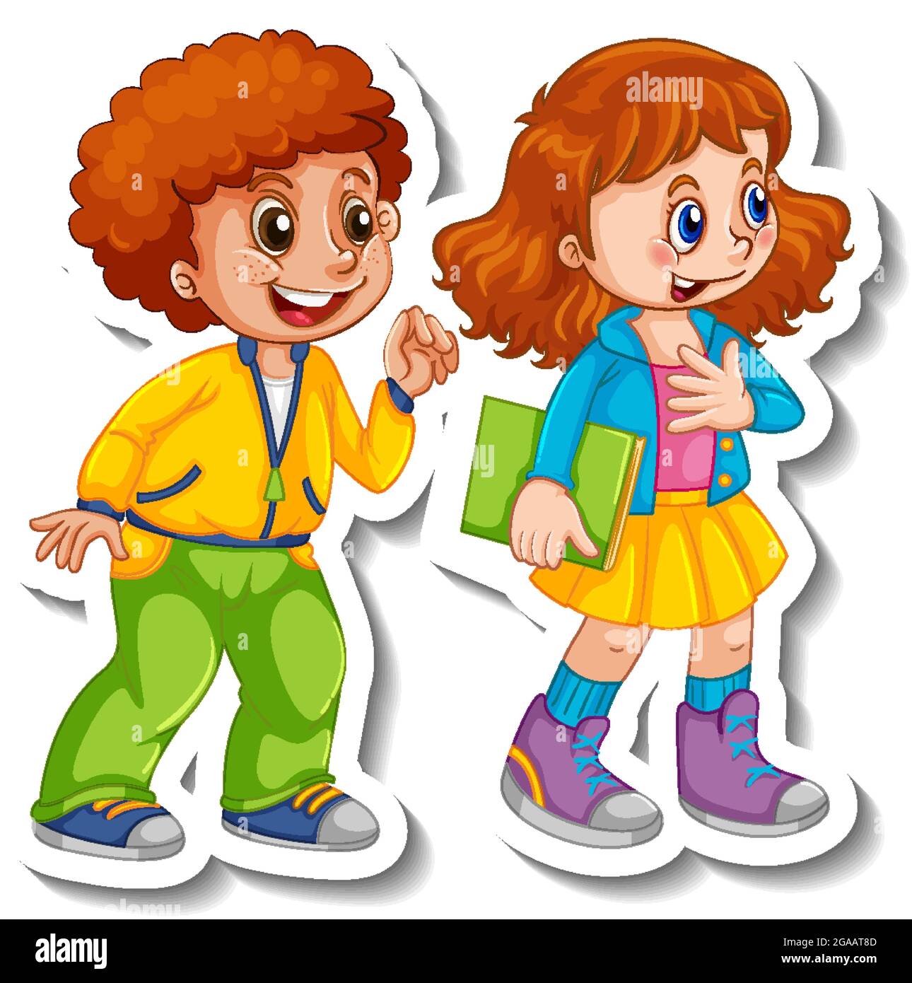 Sticker template with a couple kids cartoon character isolated ...