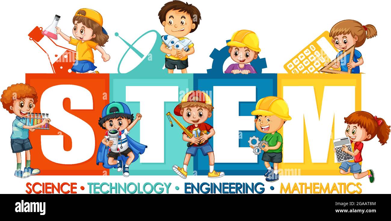 STEM education logo with many children cartoon character illustration ...