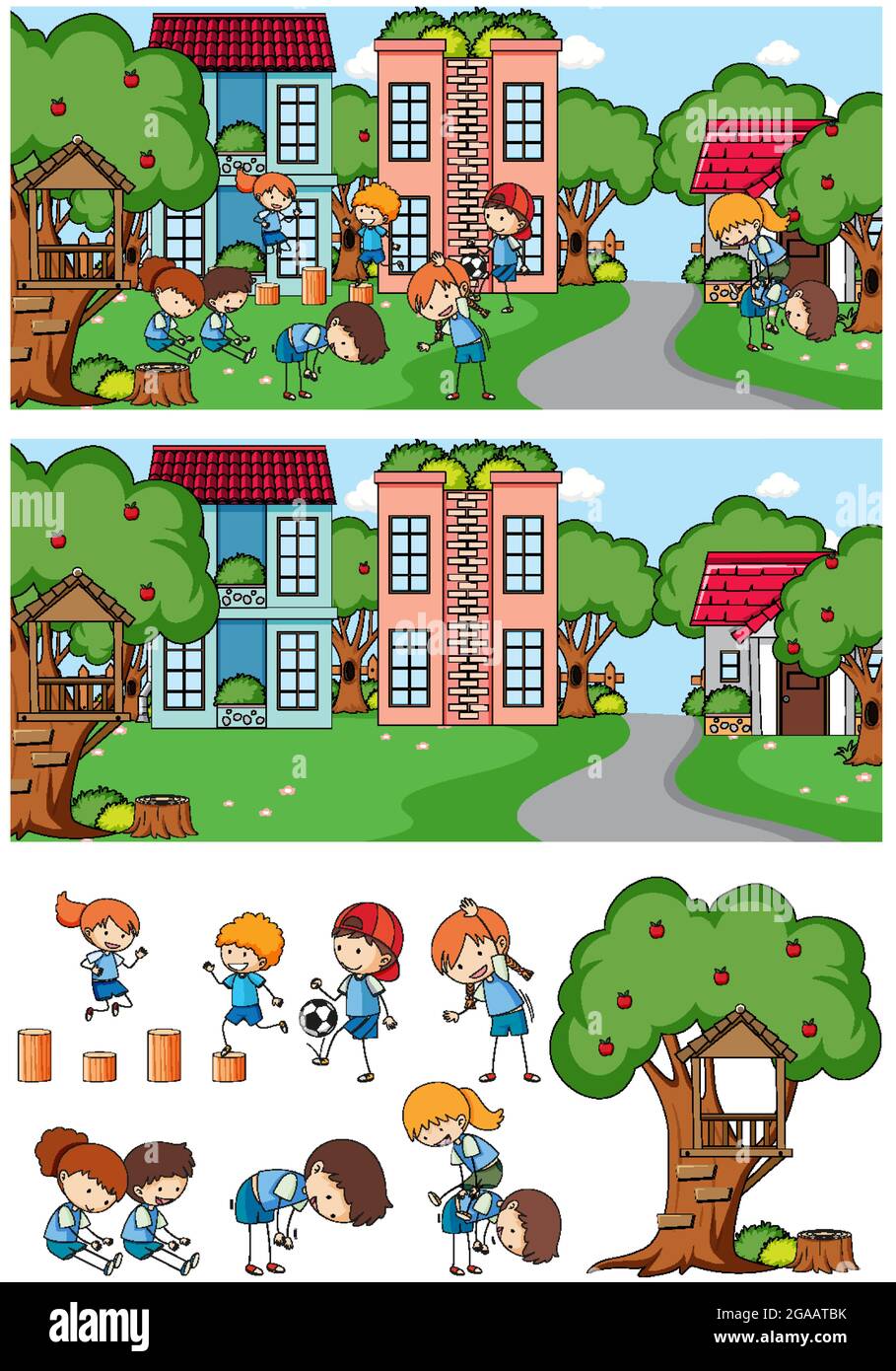 Park scene set with many kids doodle cartoon character isolated ...