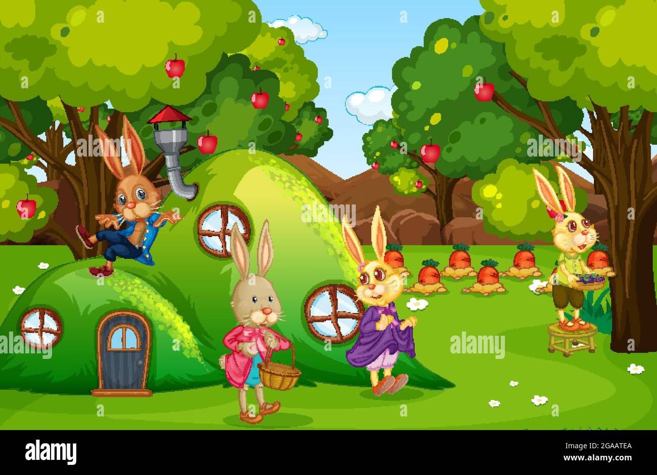 Outdoor scene with happy rabbit family in the garden illustration Stock ...