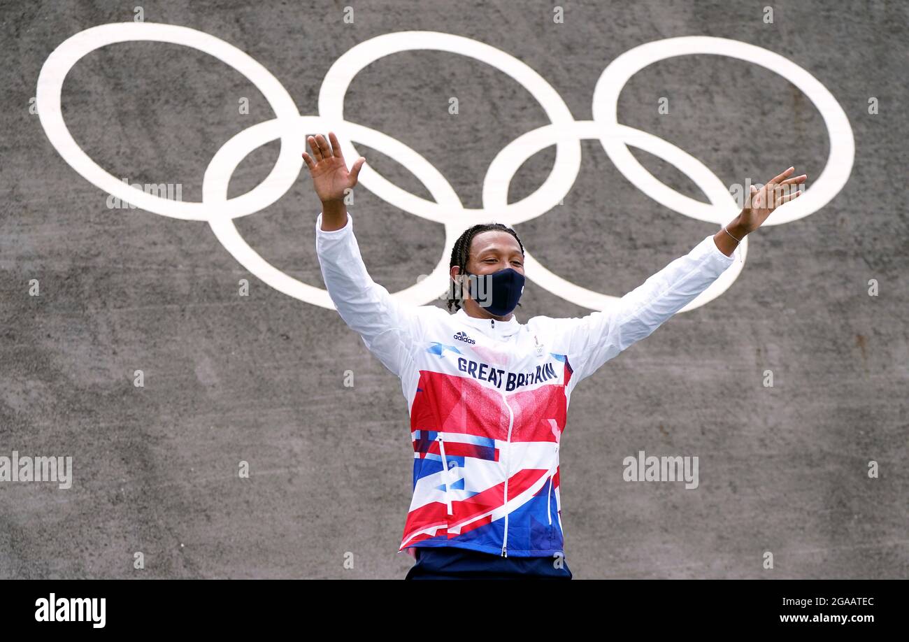 Great Britain's Kye Whyte receives his Silver medal for the Cycling BMX ...
