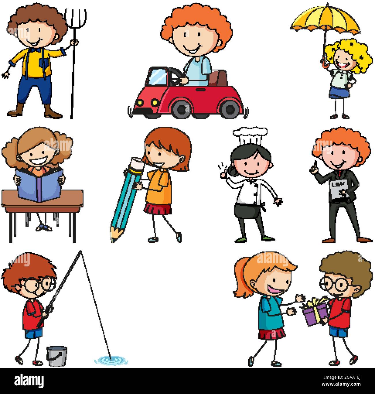 Set of different doodle kids cartoon character illustration Stock ...