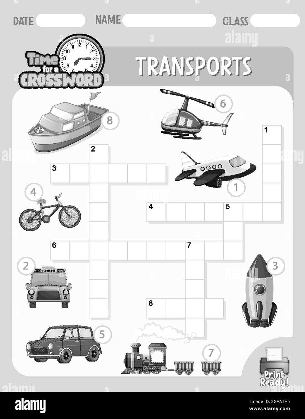 Crossword puzzle game template about transportation illustration Stock ...