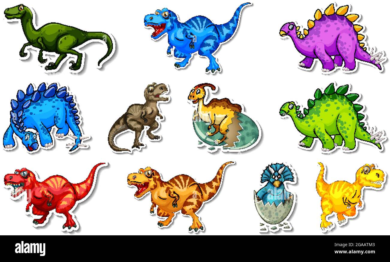Sticker set with different types of dinosaurs cartoon characters ...