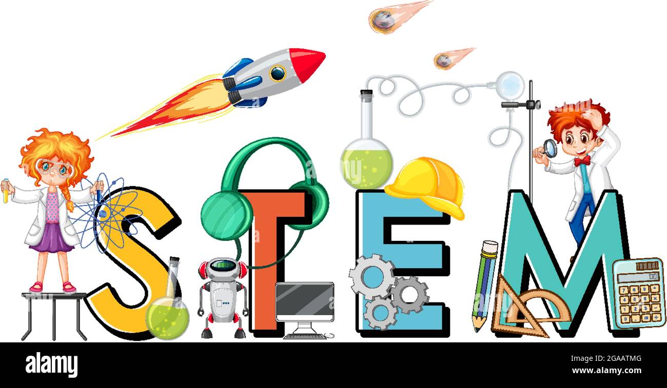 STEM logo with kids cartoon character and education icon elements ...