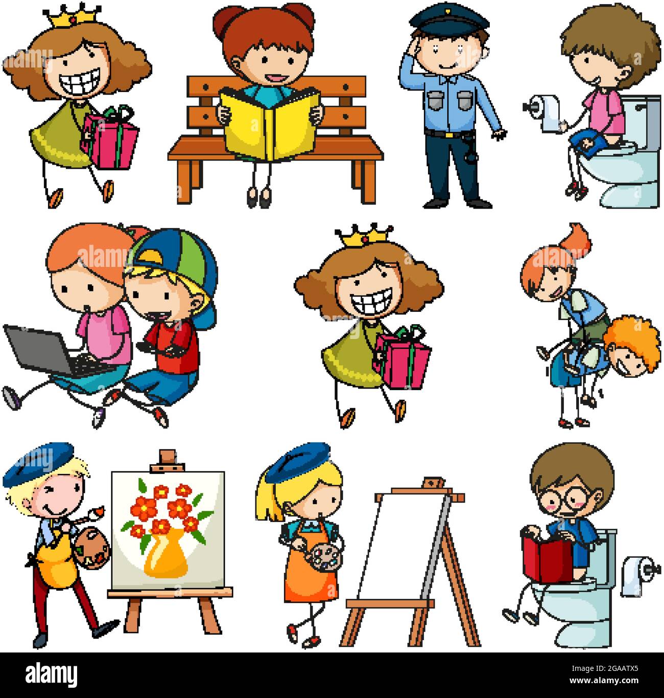 Set of different doodle kids cartoon character illustration Stock ...
