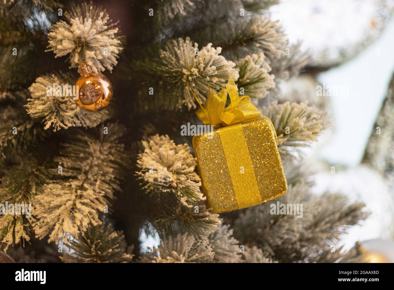 Christmas decorative with the ball and gift box on Christmas tree Stock ...