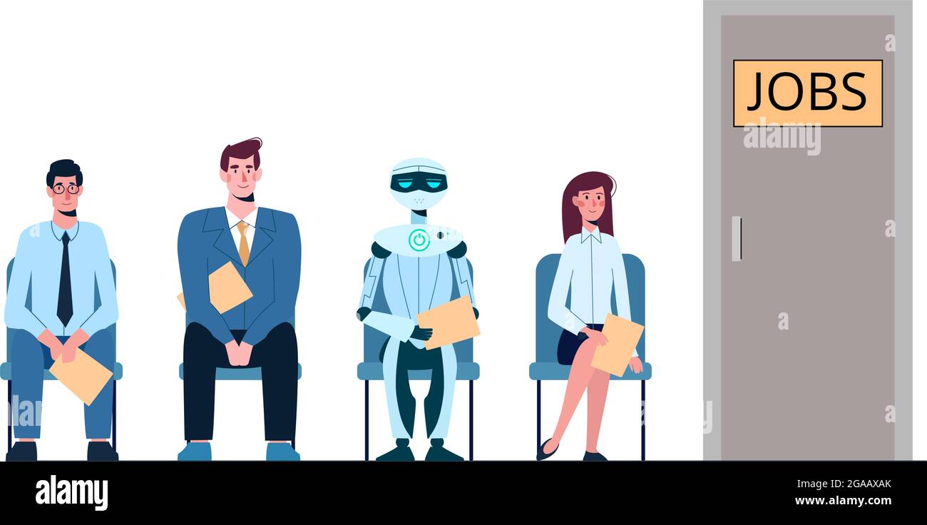 Competition of people and robots for jobs, queue for an interview. Unemployment, robotization ...