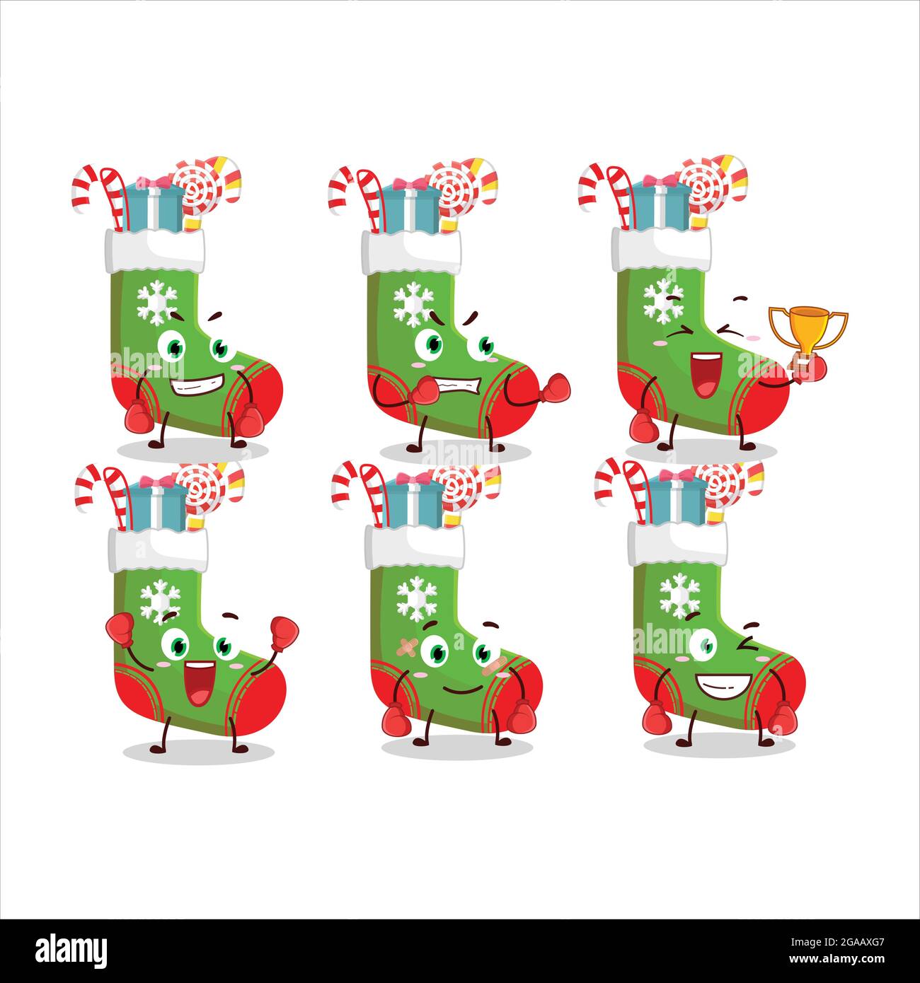 A sporty christmas socks with candies and gift boxing athlete cartoon ...